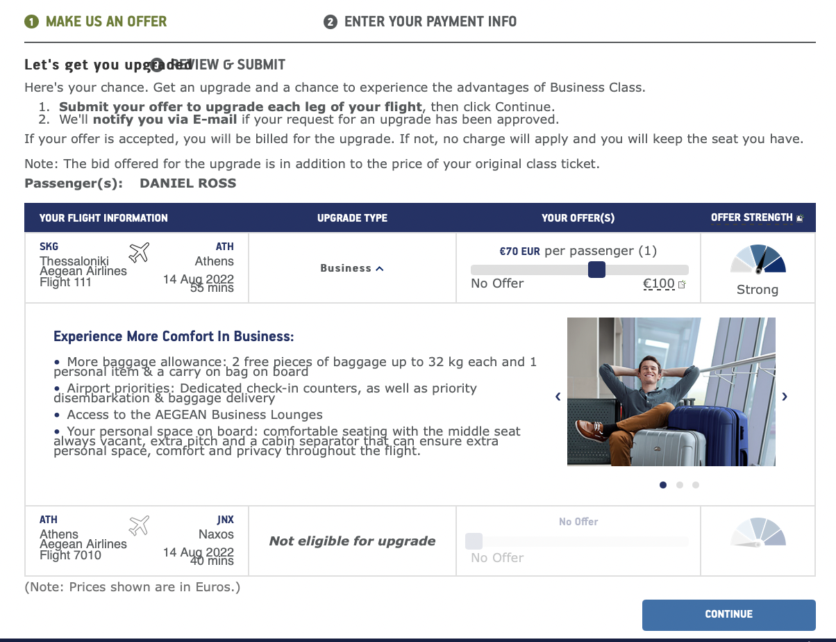 My Big Fat Greek Business Class Upgrade Bid Success [Aegean]