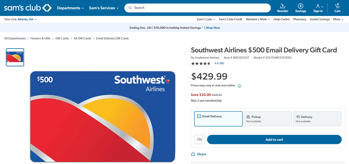Buy $500 Southwest eGift Cards for $429.99 at Sam's Club