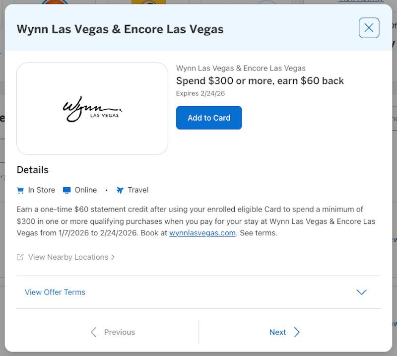 New Amex Offer: Save $60 at Wynn and Encore Las Vegas