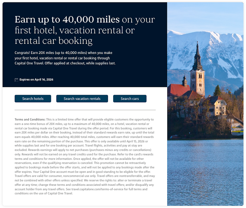 Capital One Travel Offer: Earn up to 40,000 Miles on a Booking