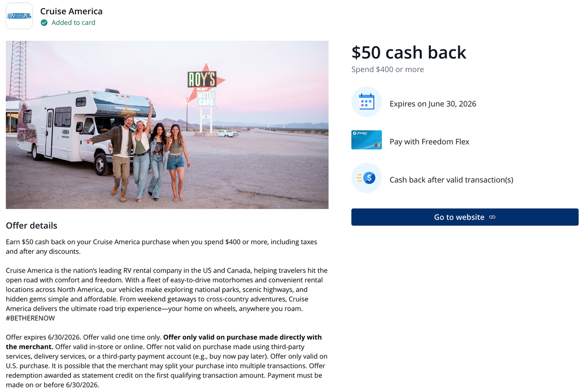 New Chase Offer for Cruise America: Save $50 on RVs [Targeted]