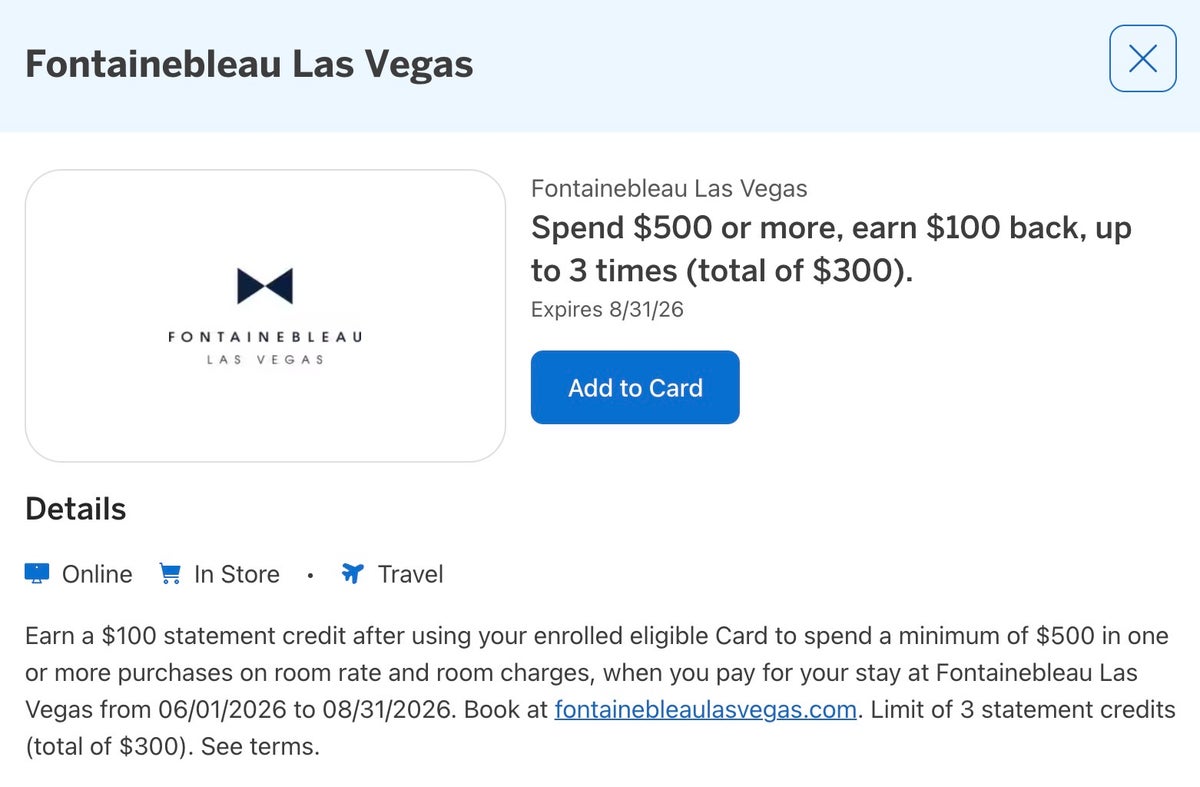 New Amex Offer: Save up to $300 at Fontainebleau Las Vegas